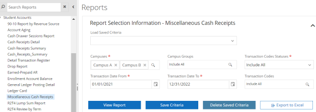 Miscellaneous Cash Receipt Report