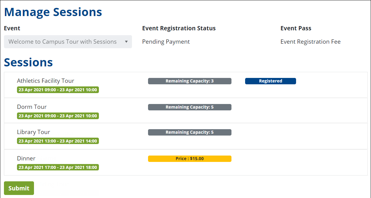 Manage Sessions Page