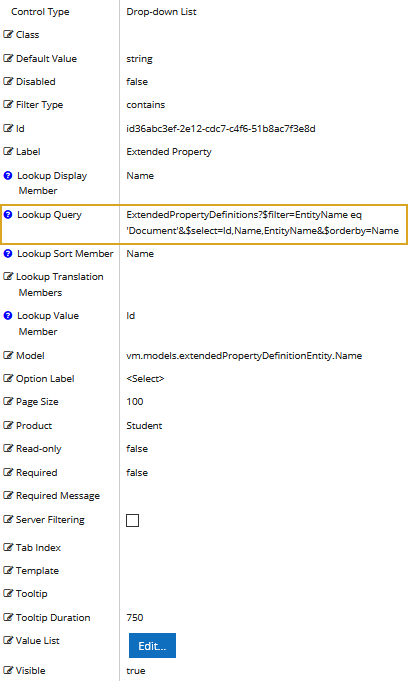 Drop-down List for Extended Properties